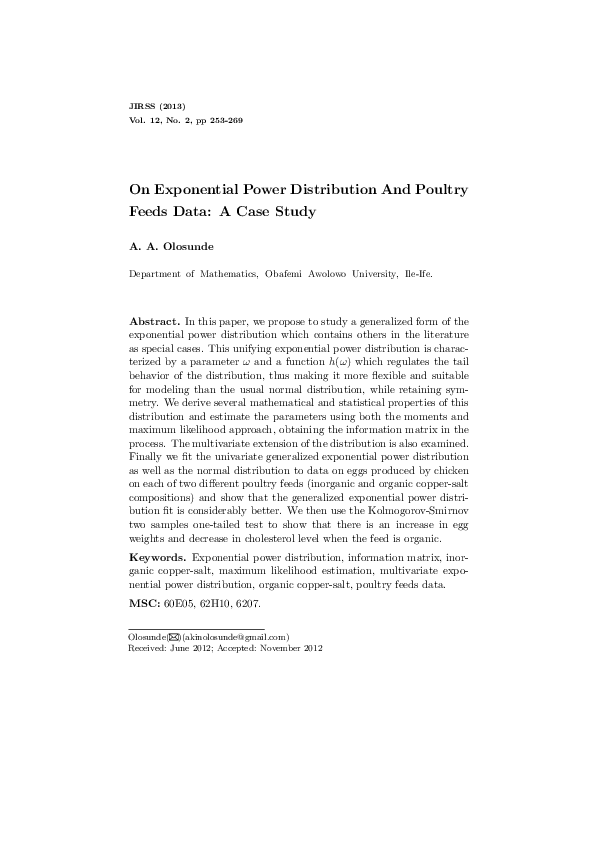 (PDF) On Exponential Power Distribution And Poultry Feeds Data: A Case Study
