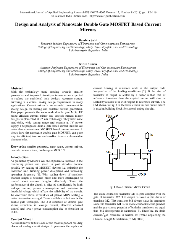 (PDF) Design and Analysis of Nanoscale Double Gate MOSFET Based Current Mirrors