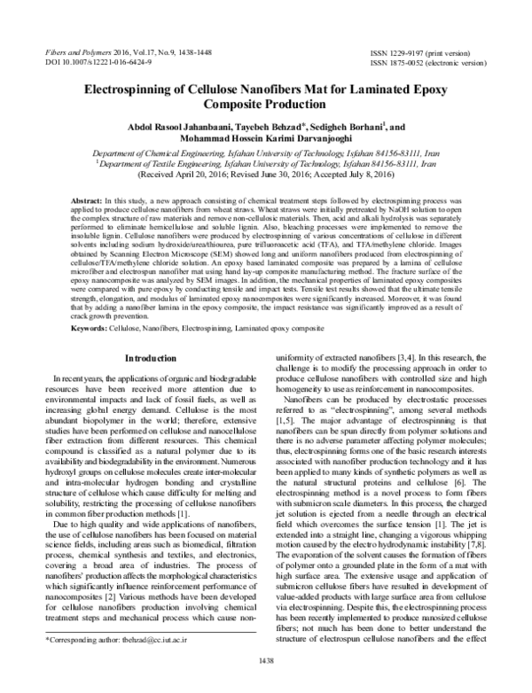 (PDF) Electrospinning of cellulose nanofibers mat for laminated epoxy composite production