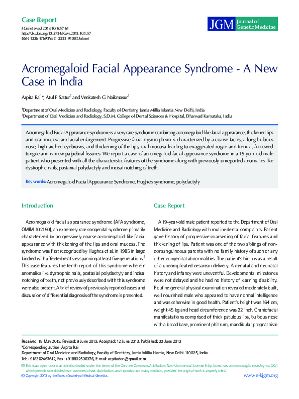 (PDF) Acromegaloid Facial Appearance Syndrome - A New Case in India