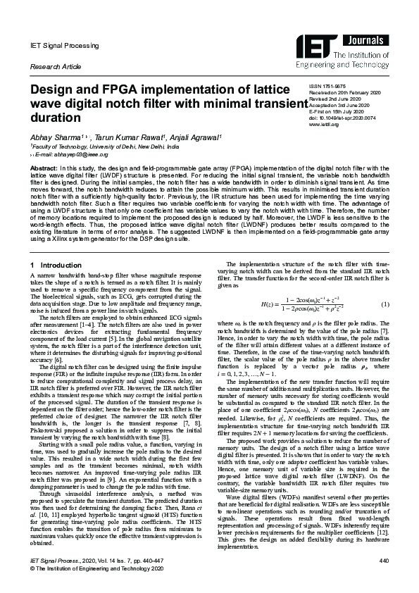 Design And Fpga Implementation Of Lattice Wave Digital Notch Filter With Minimal Transient Duration