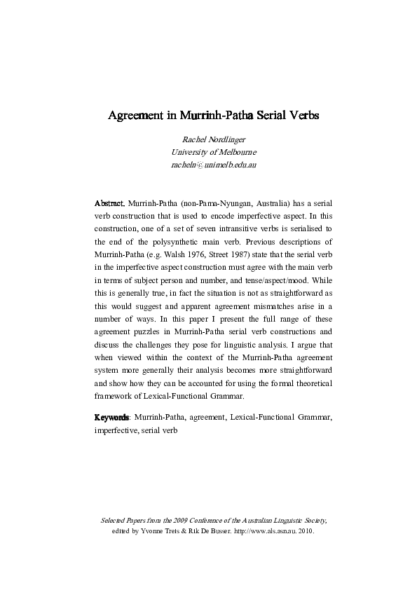 (PDF) Agreement in Murrinh-Patha Serial Verbs