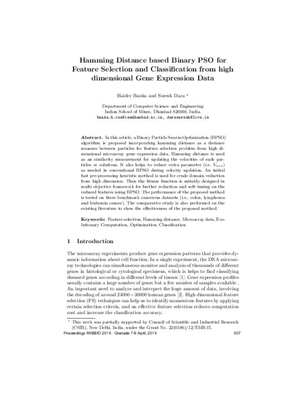 (PDF) Hamming Distance based Binary PSO for Feature Selection and Classification from high ...