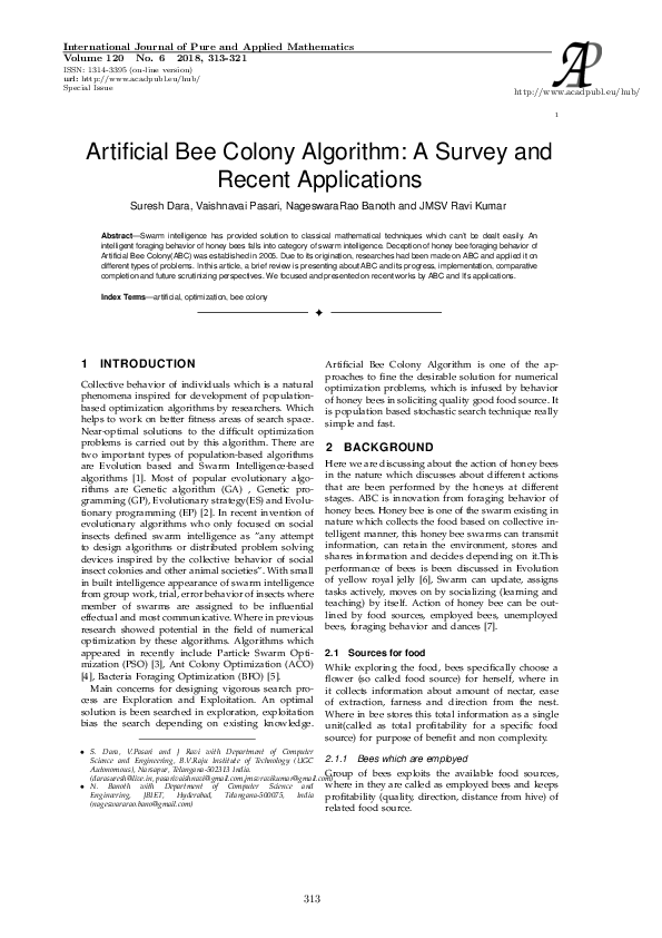 Pdf Artificial Bee Colony Algorithm A Survey And Recent Applications