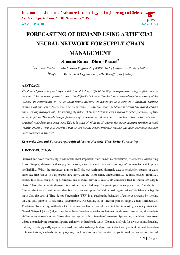 Pdf Forecasting Of Demand Using Artificial Neural Network For Supply