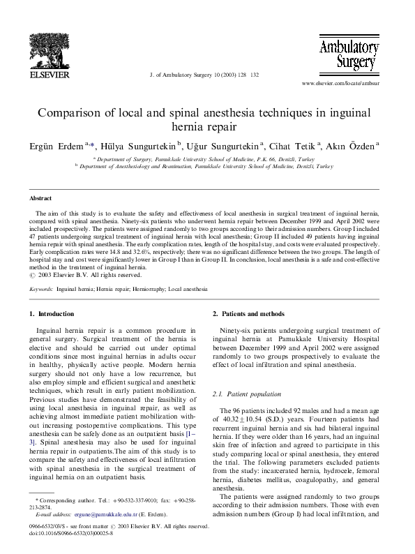 (PDF) Comparison of local and spinal anesthesia techniques in inguinal hernia repair