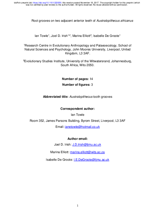 (PDF) Root grooves on two adjacent anterior teeth of Australopithecus ...