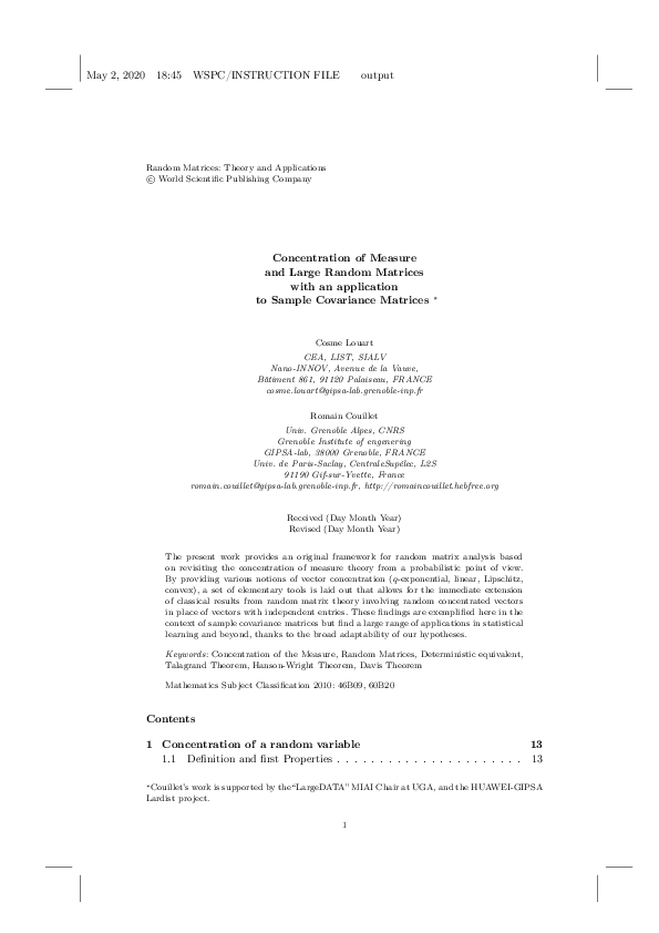 (PDF) Concentration of Measure and Large Random Matrices with an application to Sample ...