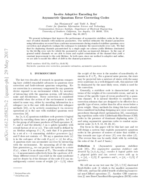 (PDF) In-situ Adaptive Encoding for Asymmetric Quantum Error Correcting Codes