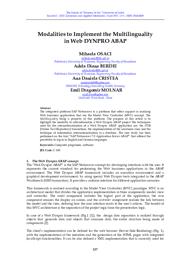 (PDF) Modalities to Implement the Multilinguality in Web DYNPRO ABAP
