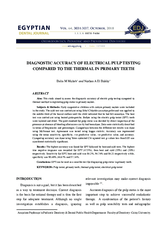 (PDF) Diagnostic Accuracy of Electrical Pulp Testing Compared to the ...