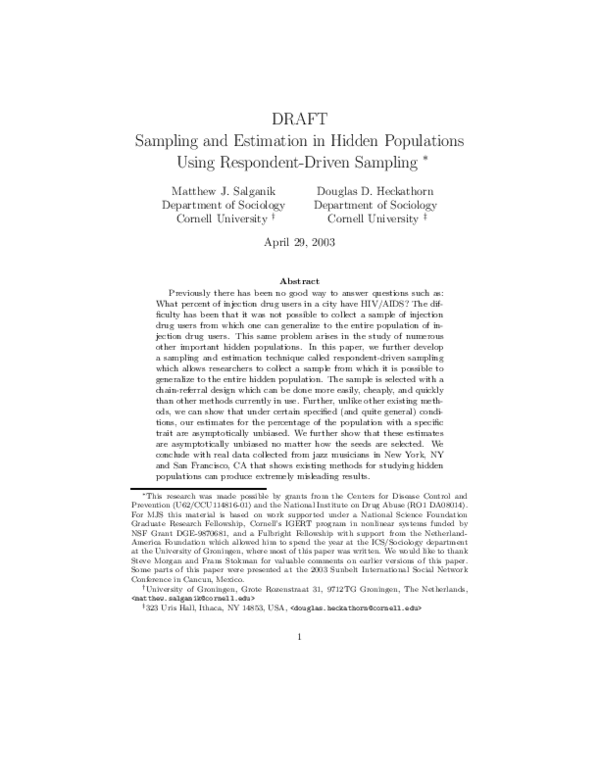 Pdf Sampling And Estimation In Hidden Populations Using Respondent Driven Sampling