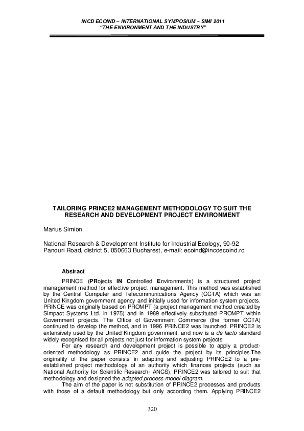 (PDF) Tailoring PRINCE2 management methodology to suit the research and development project ...