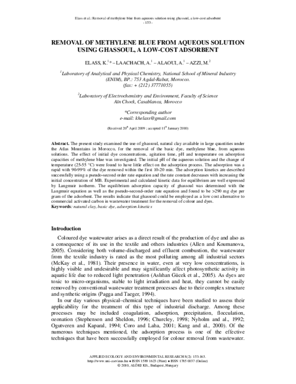 (PDF) Removal of Methylene Blue from Aqueous Solution UsingBiosorbent