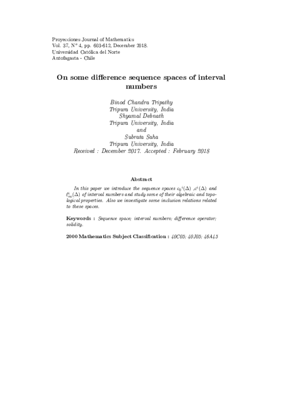 (PDF) On some diﬀerence sequence spaces of interval numbers | Binod Tripathy - Academia.edu