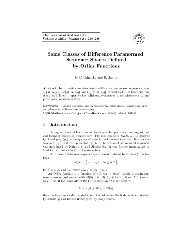(PDF) Difference Paranormed Sequence Spaces via Orlicz Functions