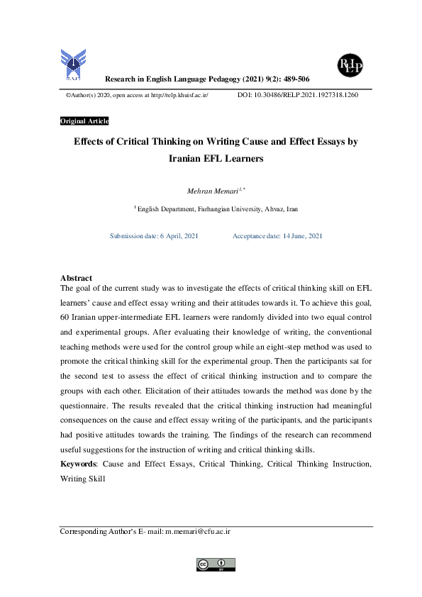 (PDF) Effects of Critical Thinking on Writing Cause and Effect Essays ...
