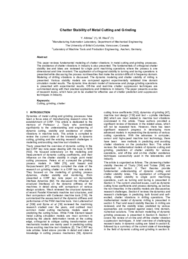 (PDF) Chatter stability of metal cutting and grinding