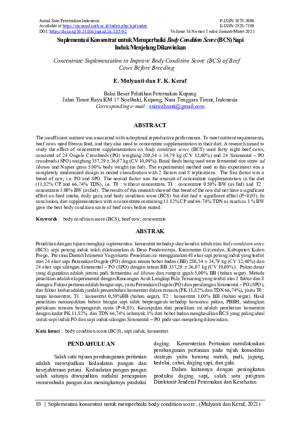 (PDF) Suplementasi Konsentrat untuk Memperbaiki Body Condition Score ...