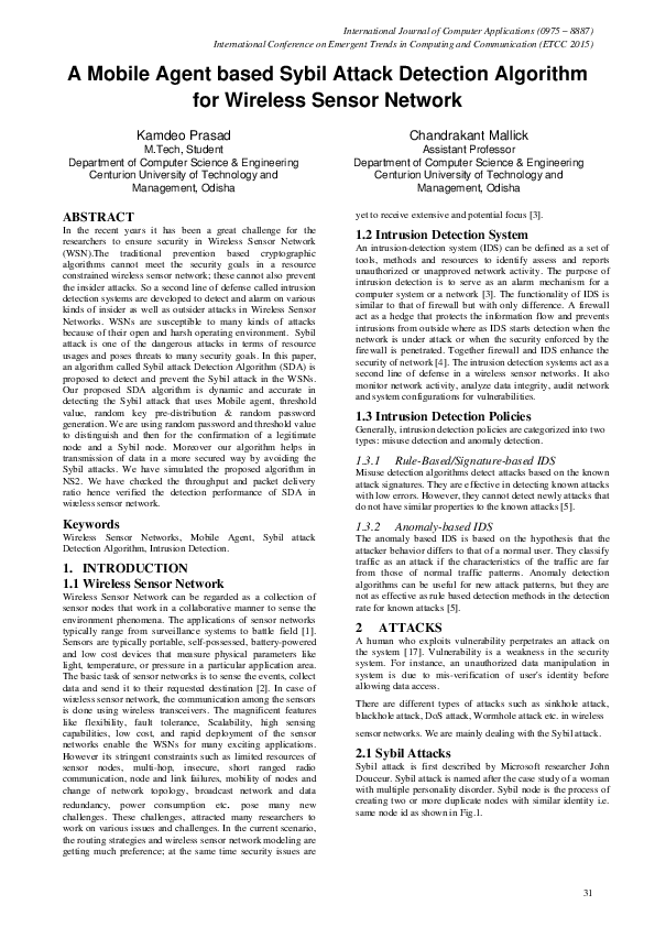 Pdf Mobile Agent Algorithm For Sybil Attack Detection In Wsns