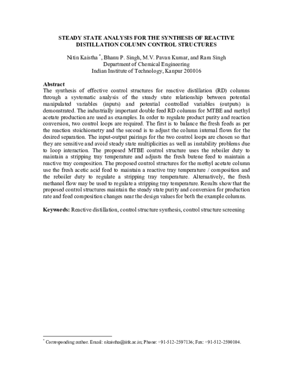 Pdf Steady State Analysis For The Synthesis Of Reactive Distillation Column Control Structures