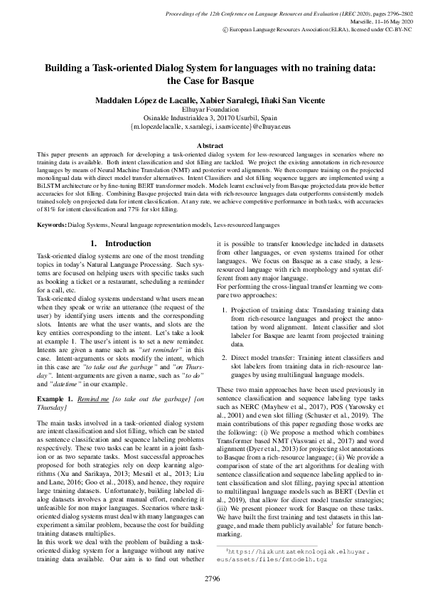 (PDF) Building a Task-oriented Dialog System for Languages with no Training Data: the Case for ...