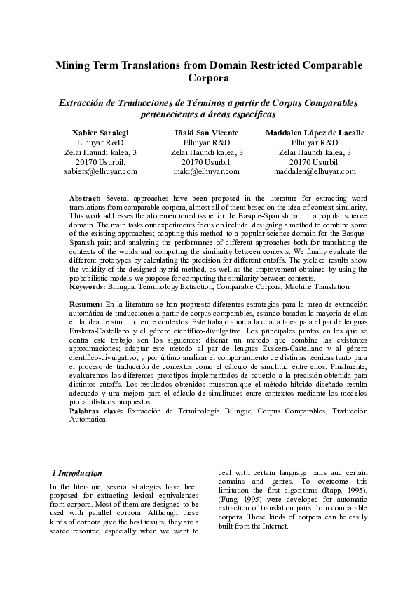 (PDF) Mining Term Translation from Domain Restricted Comparable Corpora