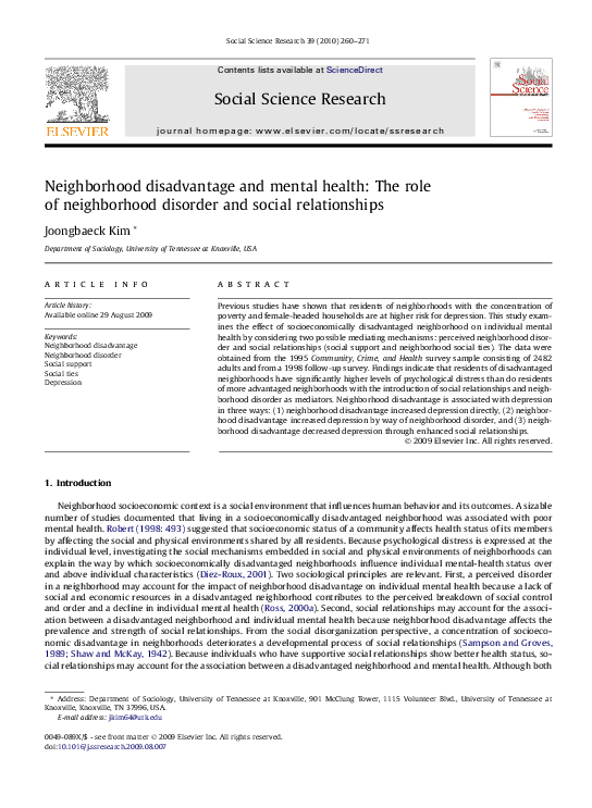 (PDF) Neighborhood disadvantage and mental health: The role of ...