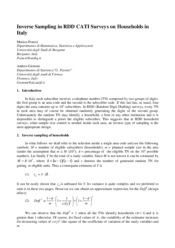 (PDF) Inverse Sampling in RDD CATI Surveys on Households in Italy
