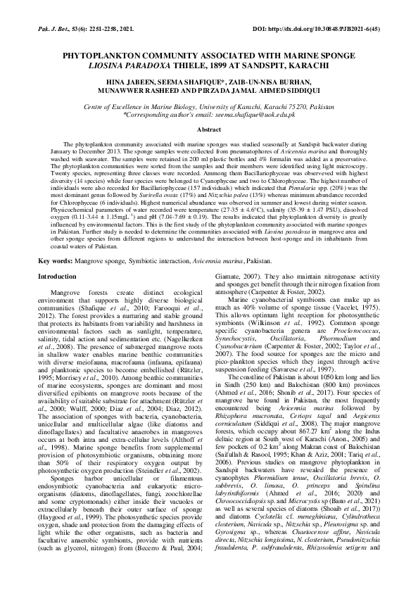 (PDF) Phytoplankton community associated with marine sponge Liosina ...