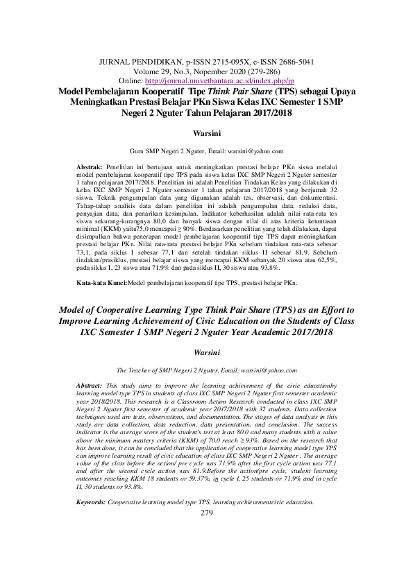 (PDF) Model Pembelajaran Kooperatif Tipe Think-Pair-Share (TPS) Dengan Pendekatan Inquiry Untuk ...
