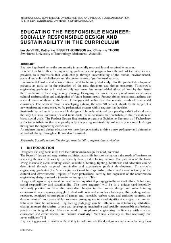 (PDF) Educating the responsible engineer; socially responsible design ...