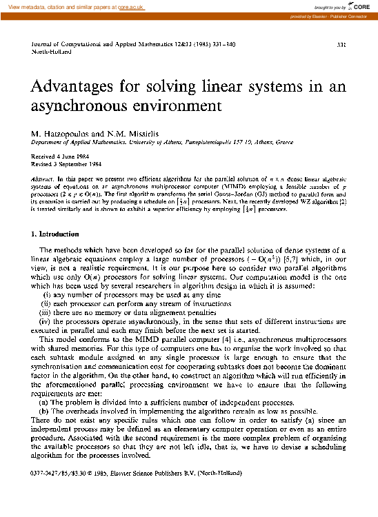 (PDF) Advantages for solving linear systems in an asynchronous environment