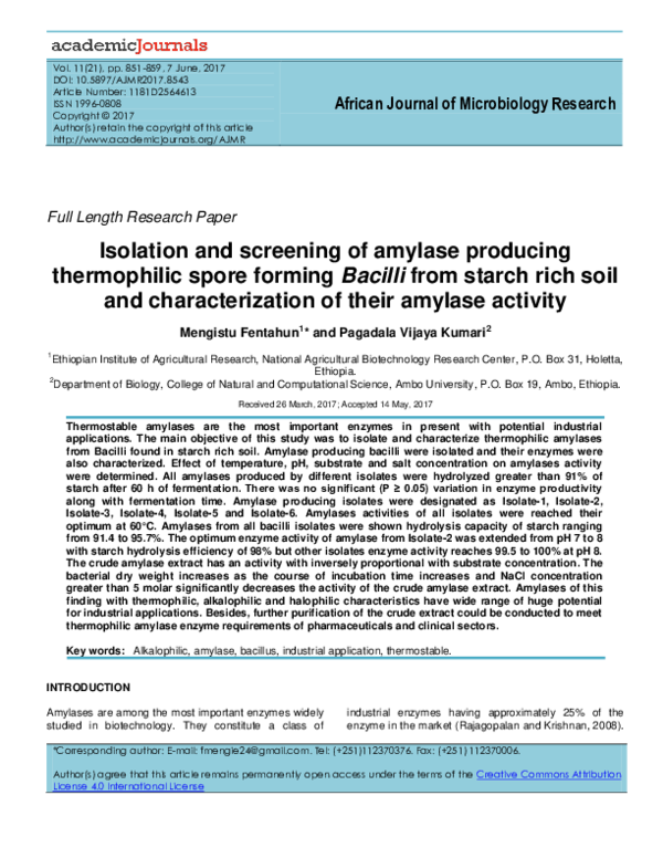 (PDF) Isolation and screening of amylase producing thermophilic spore forming Bacilli from ...
