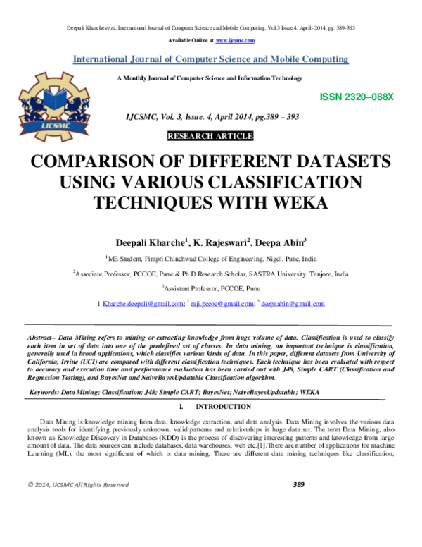 Pdf Comparison Of Different Datasets Using Various Classification