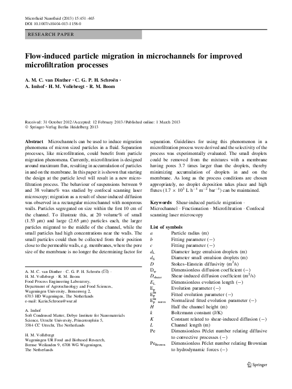 (PDF) Flow-induced particle migration in microchannels for improved microfiltration processes ...