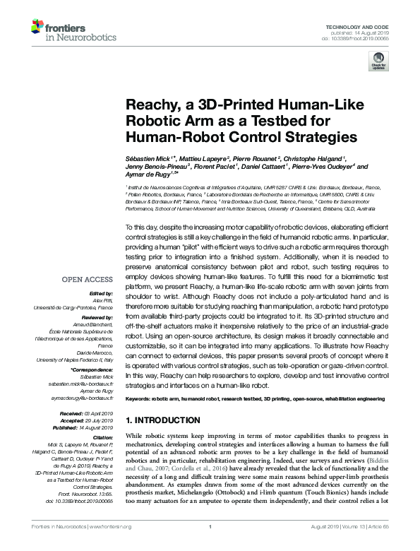 (PDF) Reachy, a 3D-Printed Human-Like Robotic Arm as a Testbed for ...