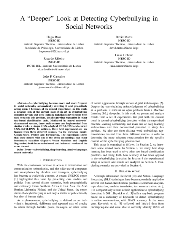 (PDF) A “Deeper” Look at Detecting Cyberbullying in Social Networks