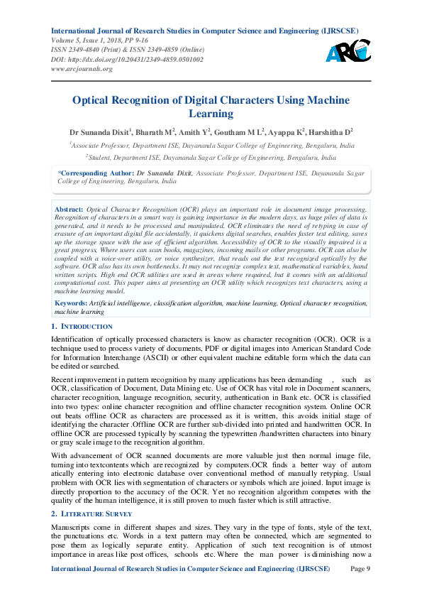 (PDF) Optical Recognition of Digital Characters Using Machine Learning