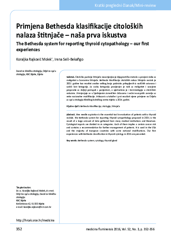 (PDF) Primjena Bethesda klasifikacije citoloških nalaza štitnjače-naša ...
