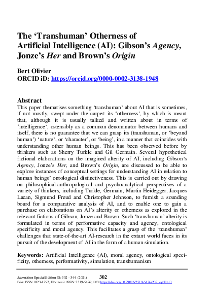 (PDF) The 'Transhuman' Otherness of Artificial Intelligence (AI): Gibson's Agency, Jonze's Her ...