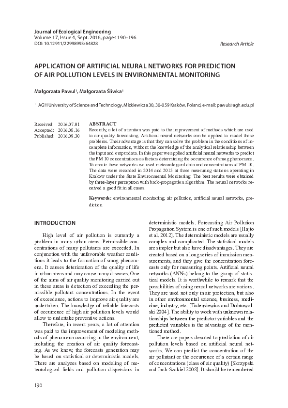 (PDF) Application of Artificial Neural Networks for Prediction of Air ...