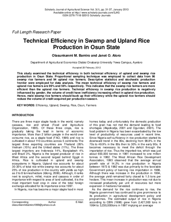 (PDF) Technical Efficiency in Swamp and Upland RiceProduction in Osun State