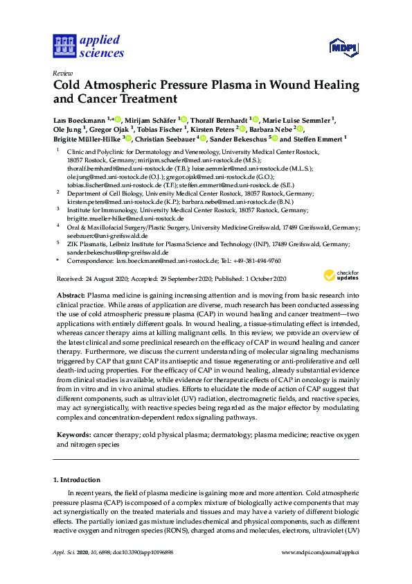 (PDF) Cold Atmospheric Pressure Plasma in Wound Healing and Cancer ...