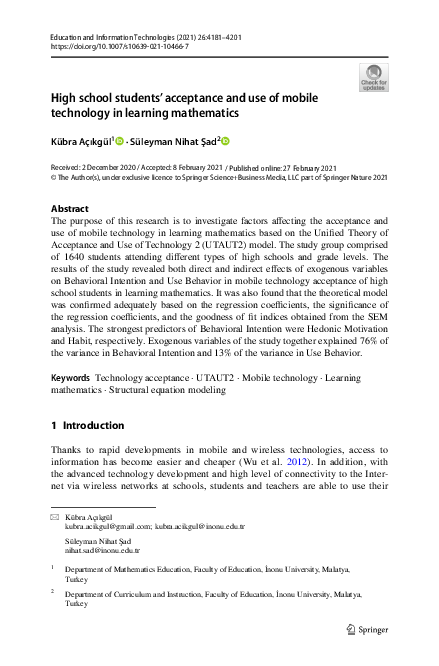 (PDF) High school students’ acceptance and use of mobile technology in learning mathematics