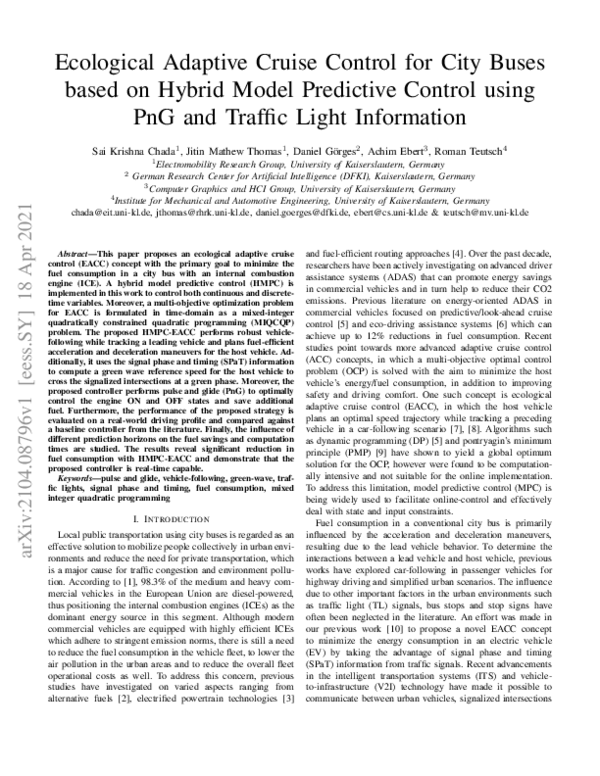 (PDF) Ecological Adaptive Cruise Control for City Buses based on Hybrid Model Predictive Control ...