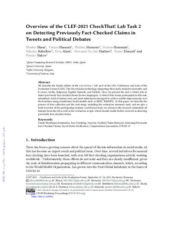 (PDF) Overview of the CLEF-2021 CheckThat! Lab Task 2 on Detecting ...