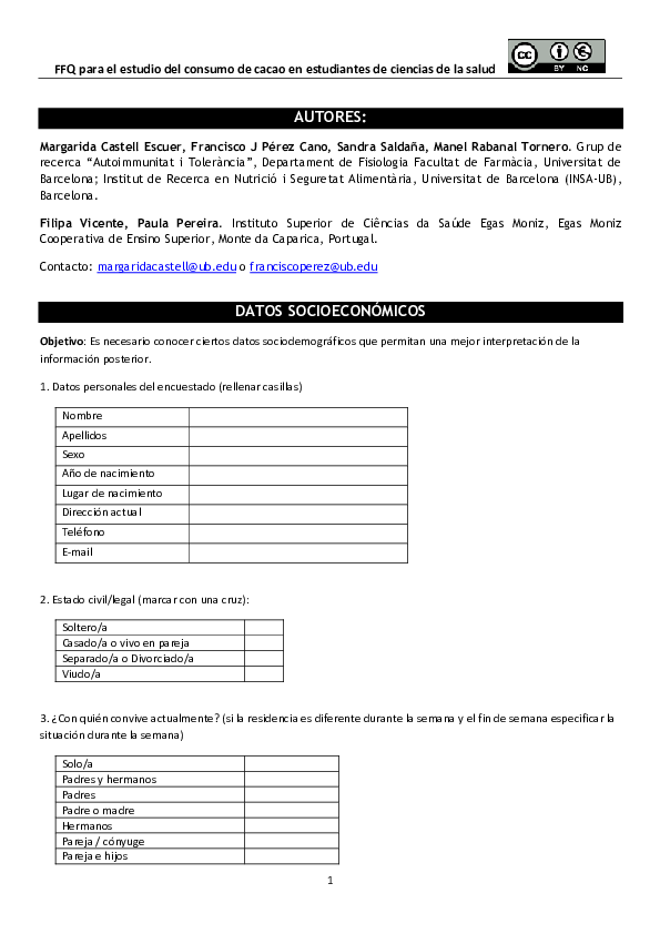 (PDF) Food Frequency Questionnaires (FFQ) para el estudio del consumo ...