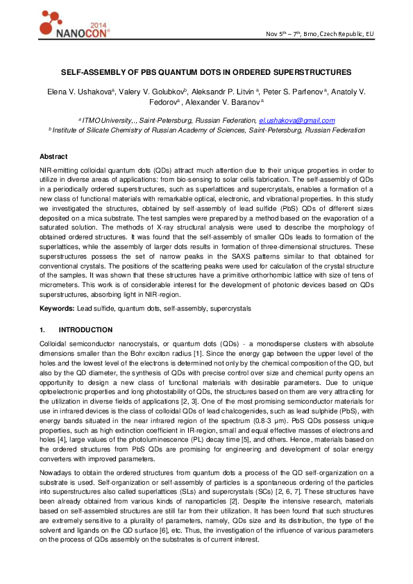 (PDF) Self-Assembly of PBS Quantum Dots in Ordered Superstructures