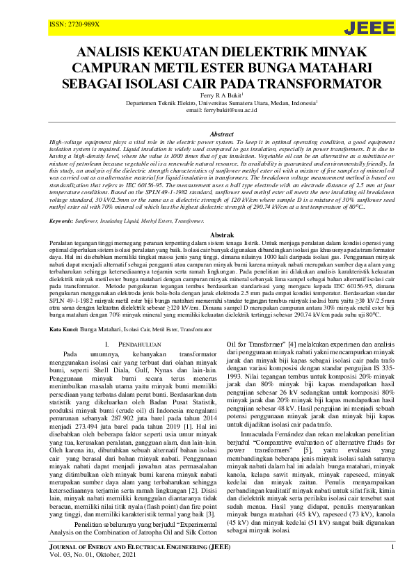 (PDF) Analisis Kekuatan Dielektrik Minyak Campuran Metil Ester Bunga ...